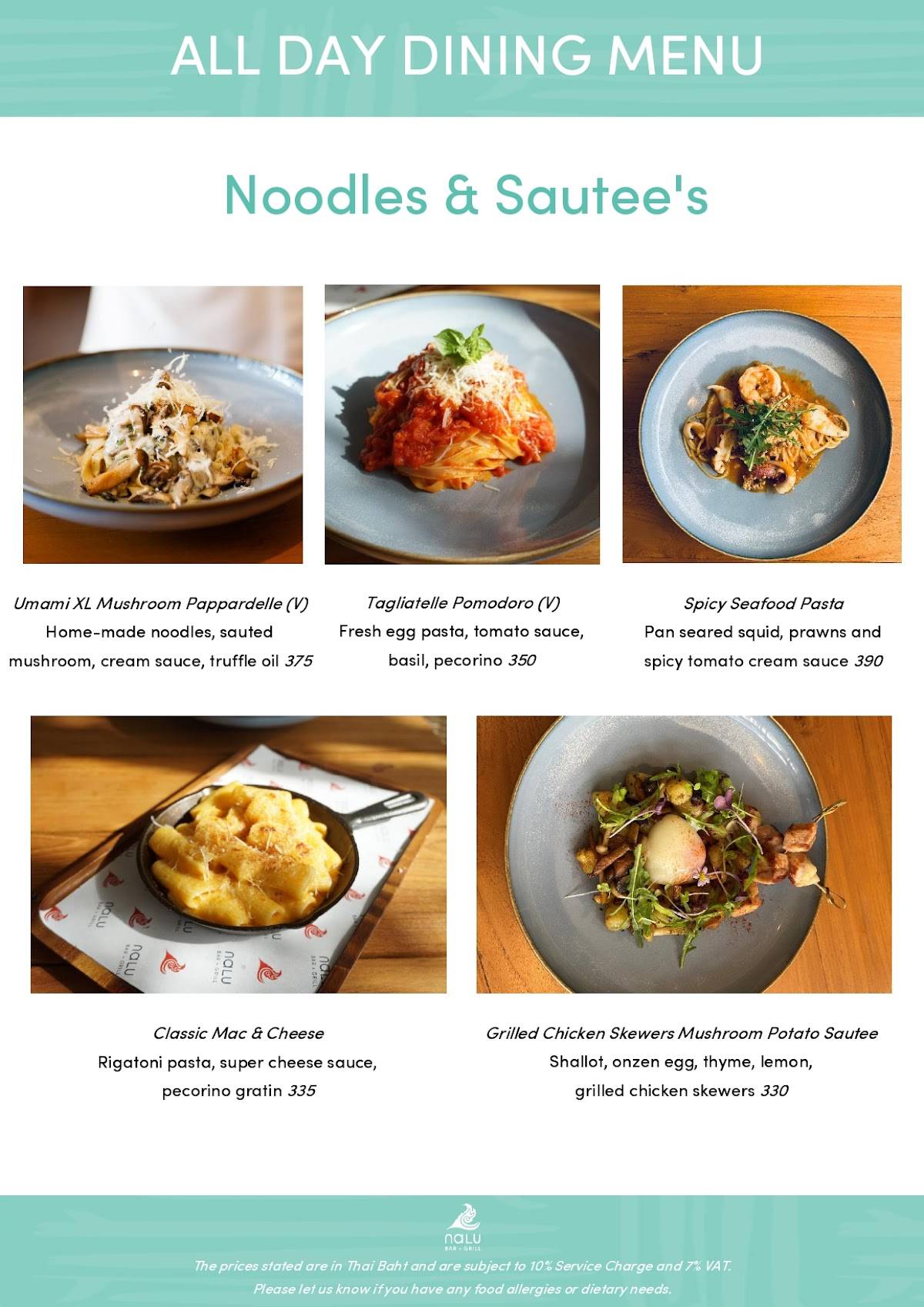 Carta de Nalu Bar & Grill, Choeng Thale