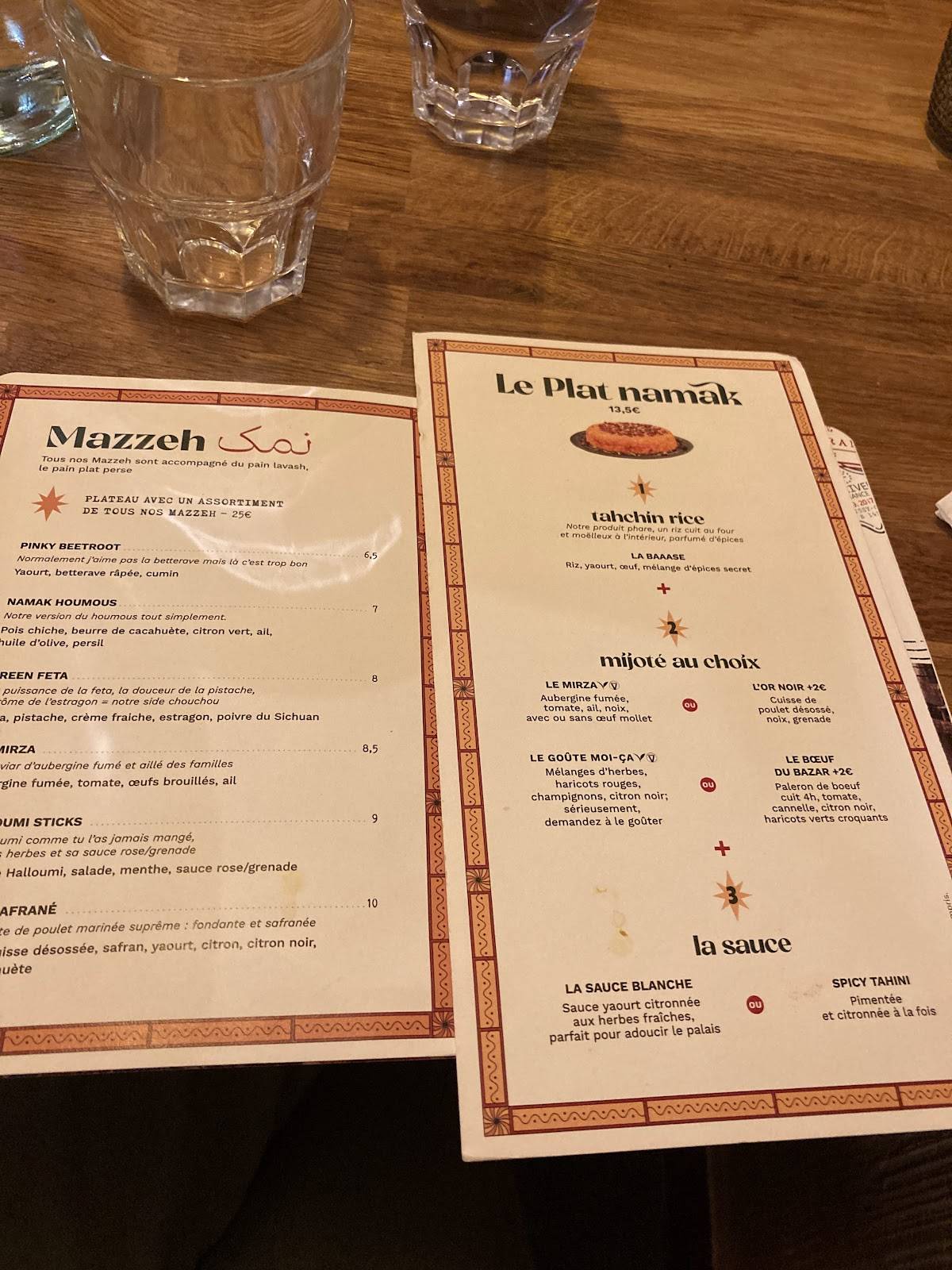 Menu au Namak - Restaurant Perse, Paris