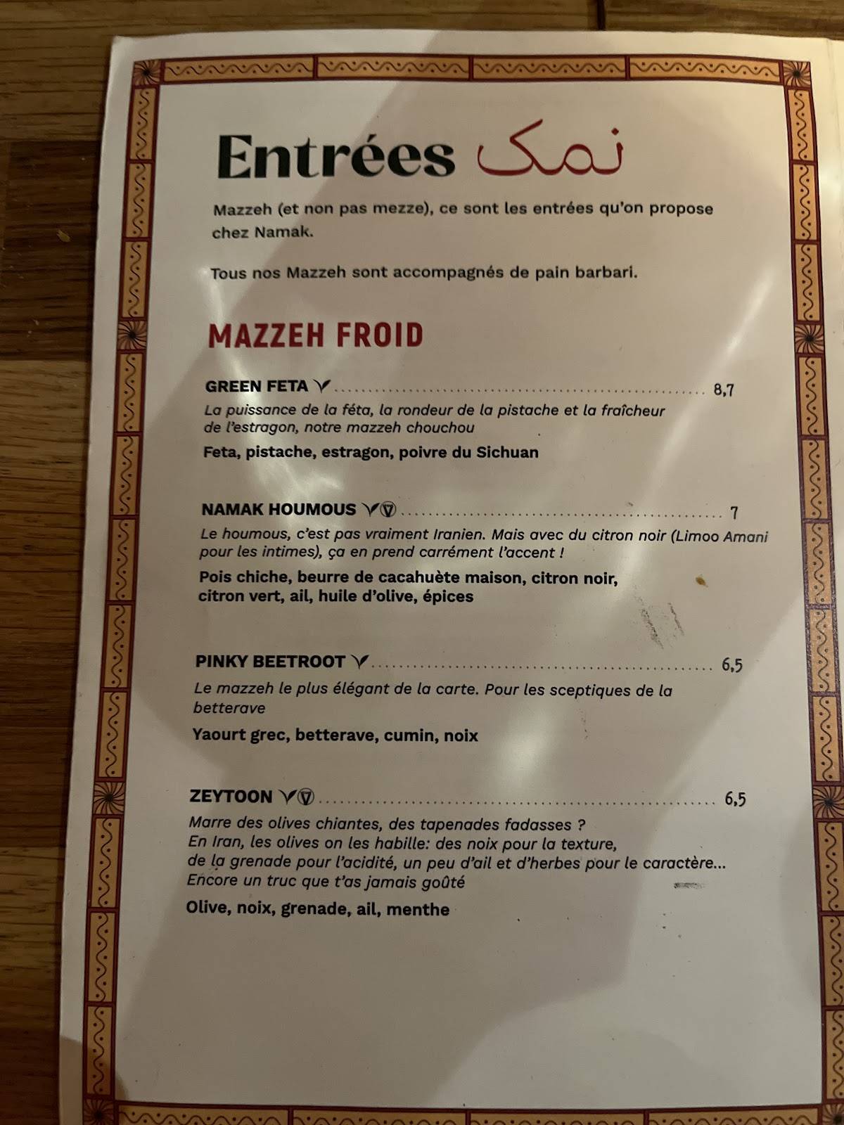 Menu au Namak - Restaurant Perse, Paris