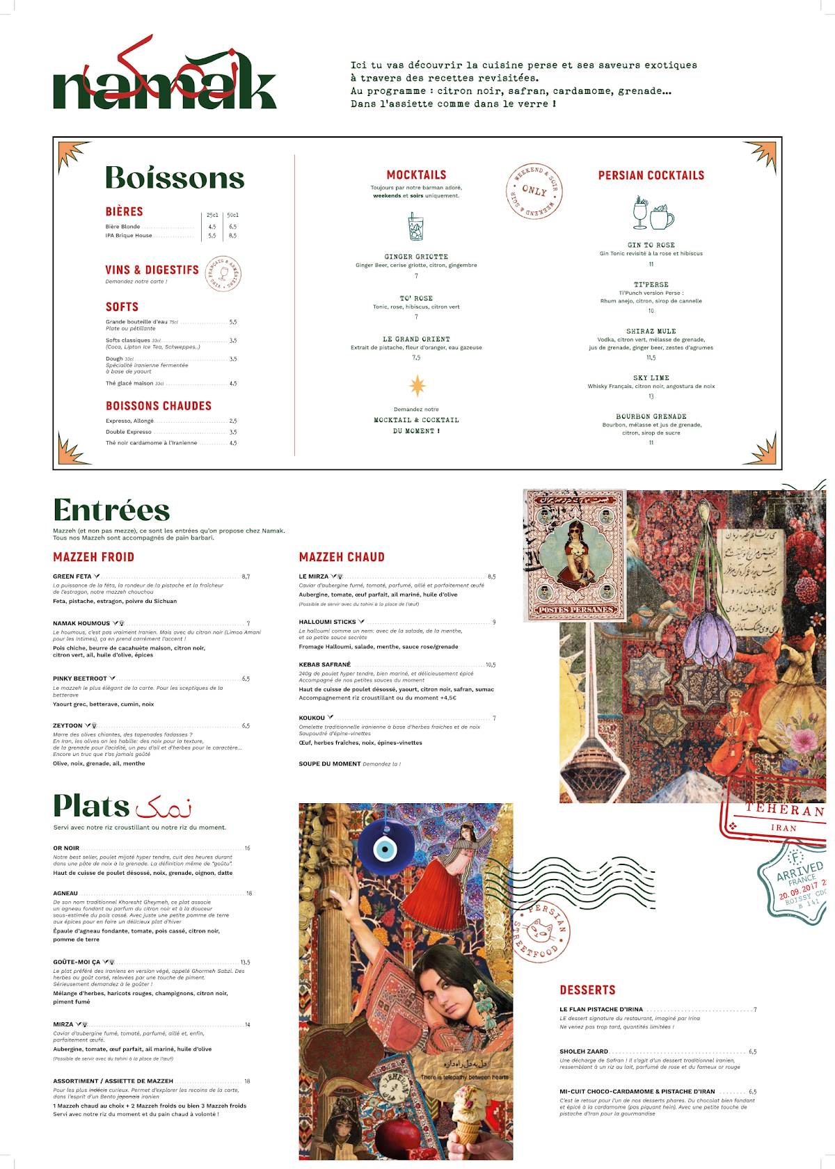 Menu au Namak - Restaurant Perse, Paris