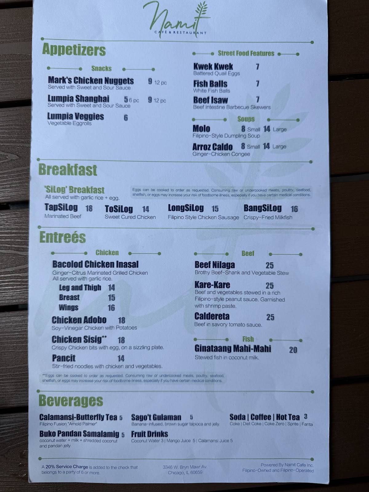 Menu at Namit Cafe & Restaurant, Chicago