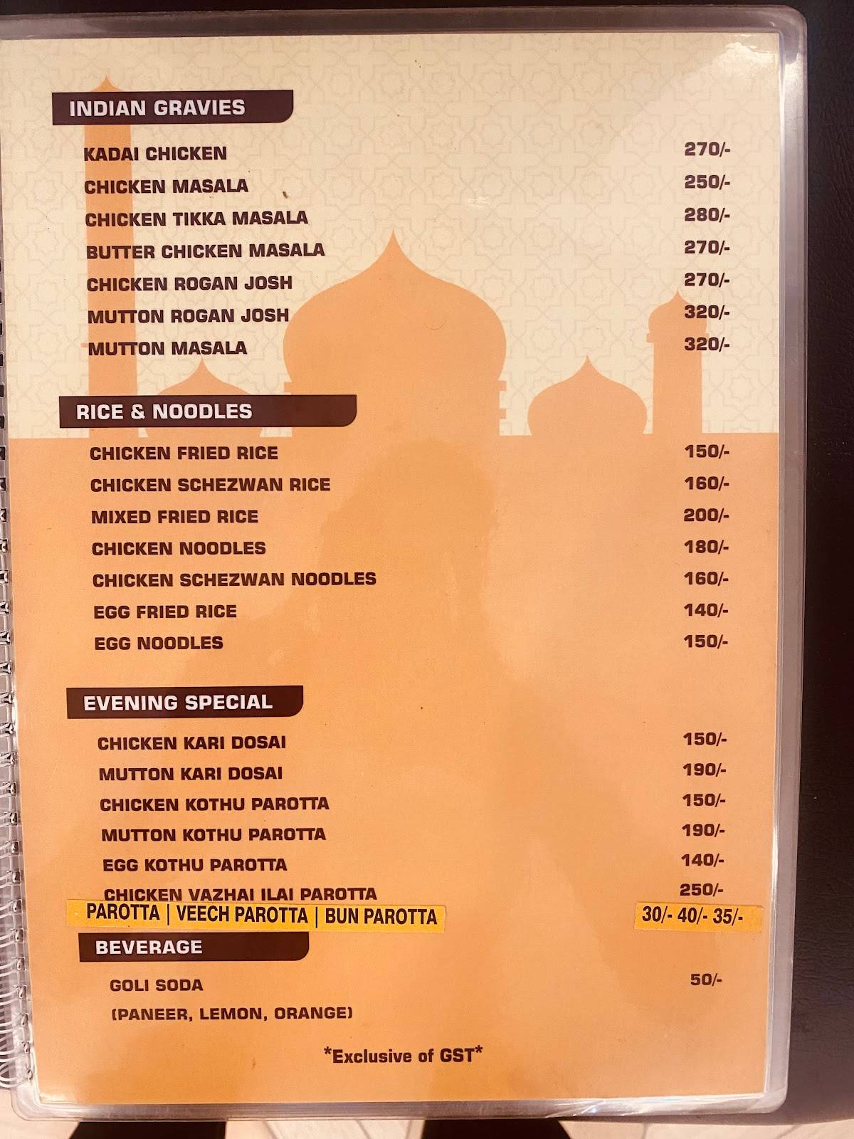 Menu at Namma Bhai veedu, Chennai