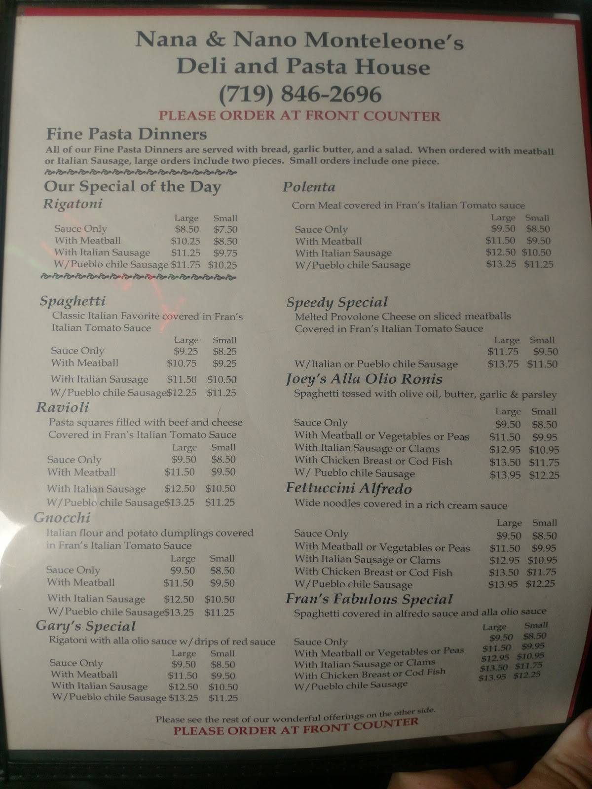 Menu at Nana & Nano's Pasta House restaurant, Trinidad