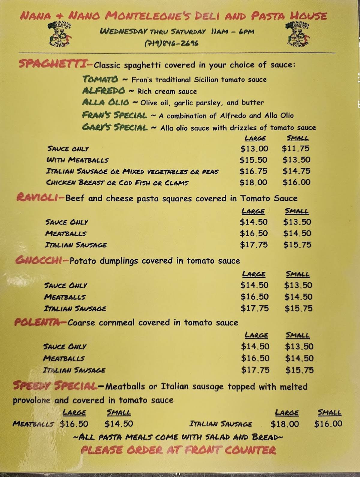 Menu at Nana and Nano Monteleone's Deli and Pasta House restaurant ...