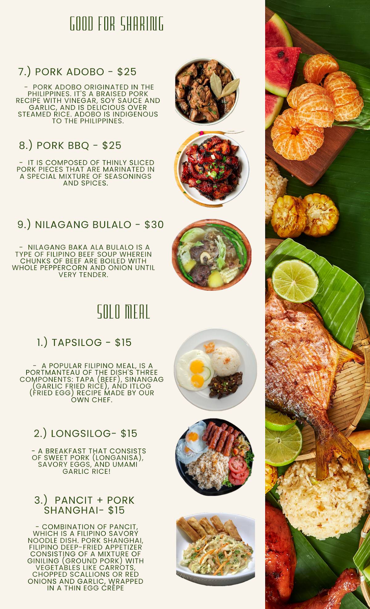 Menu au Nanay Mo’s Filipino Cuisine restaurant, Nanaimo