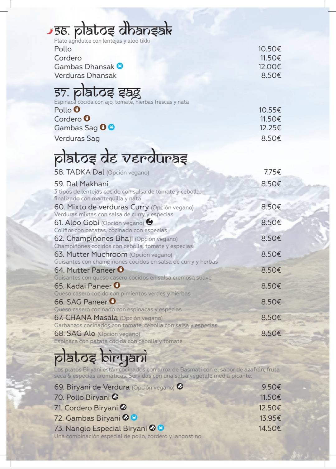 Menu at Nanglo Indian Nepalese restaurant, Port de Sagunt