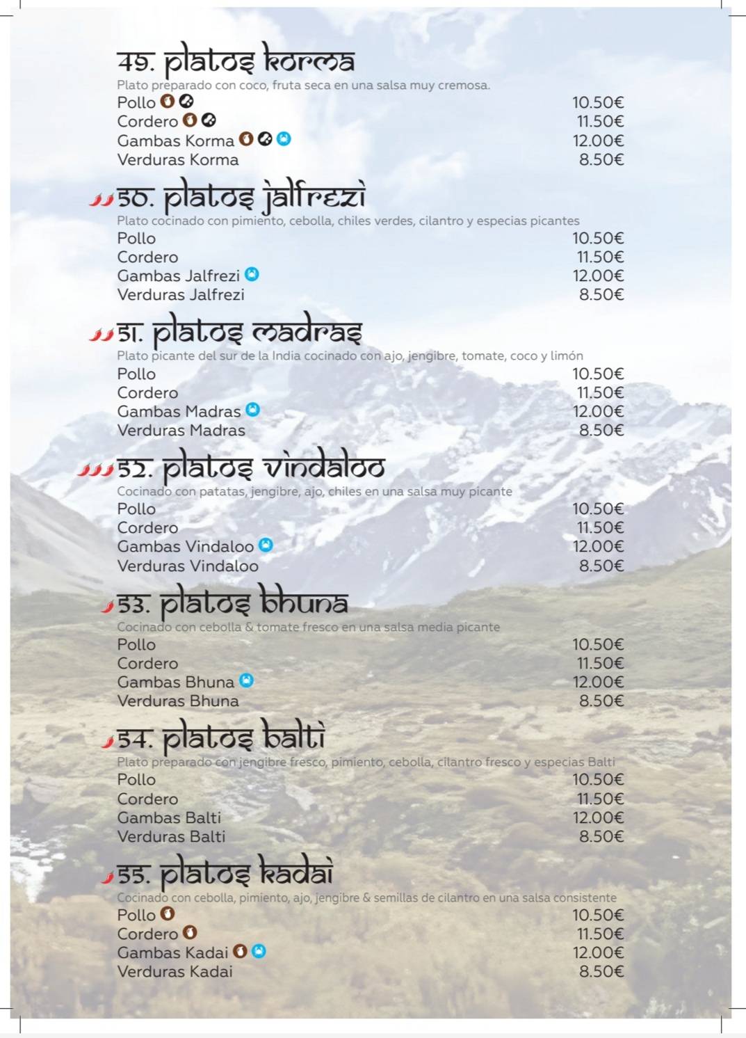 Menu at Nanglo Indian Nepalese restaurant, Port de Sagunt