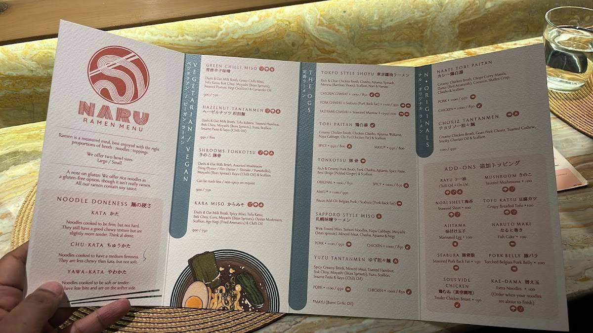 Menu at Naru Noodle Bar, Bengaluru