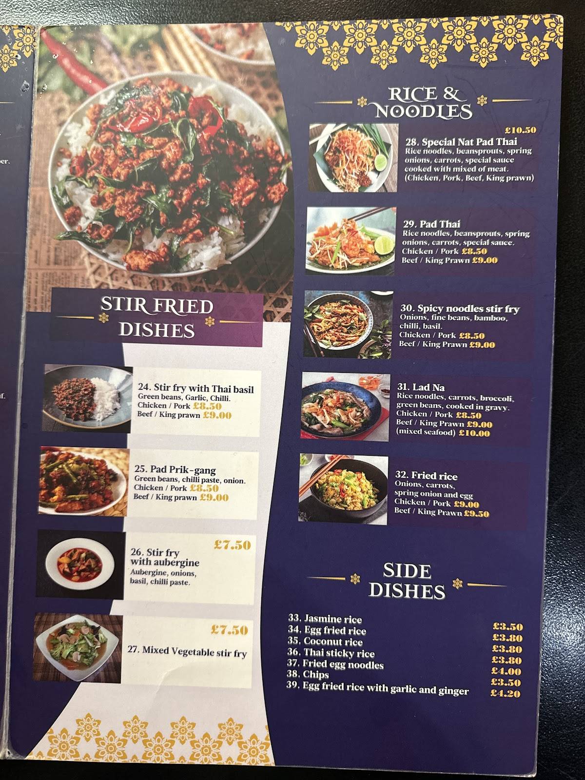 Menu at Nat's Pad Thai restaurant, Leeds
