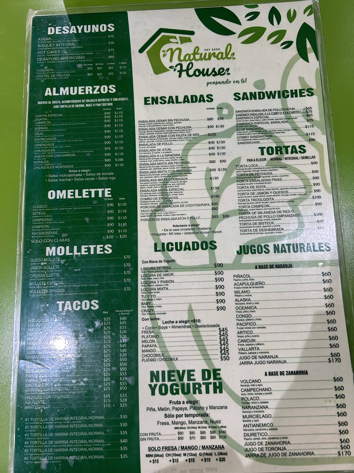 Menu at Natural House restaurant, Matamoros, Av. Gral. Lauro Villar 244