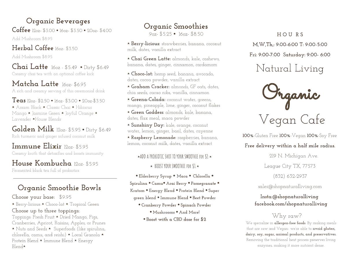 Menu at Natural Living Food Co-op and Gluten Free Cafe, League City