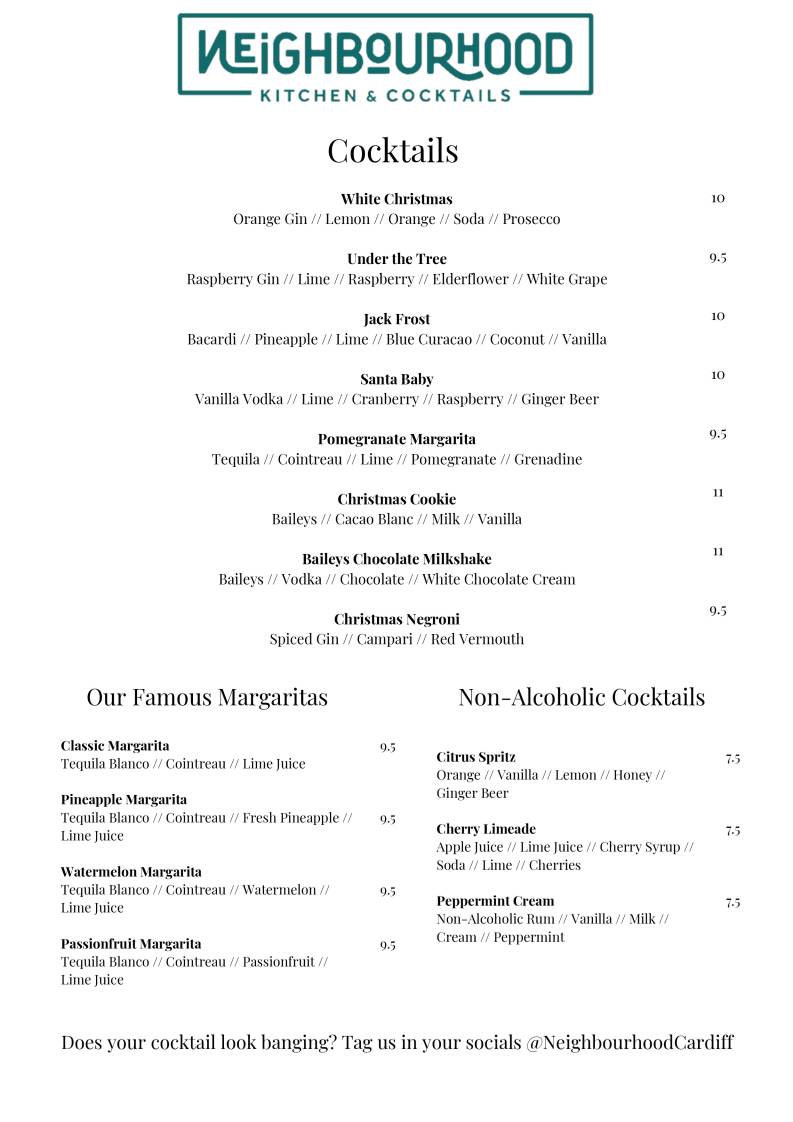 Menu at Neighbourhood Kitchen & Cocktails restaurant, Cardiff