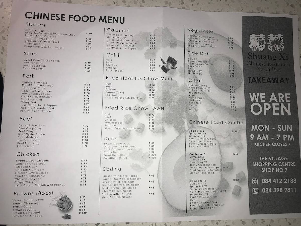 Menu at Shuang XI Chinese & Sushi restaurant, Nelspruit