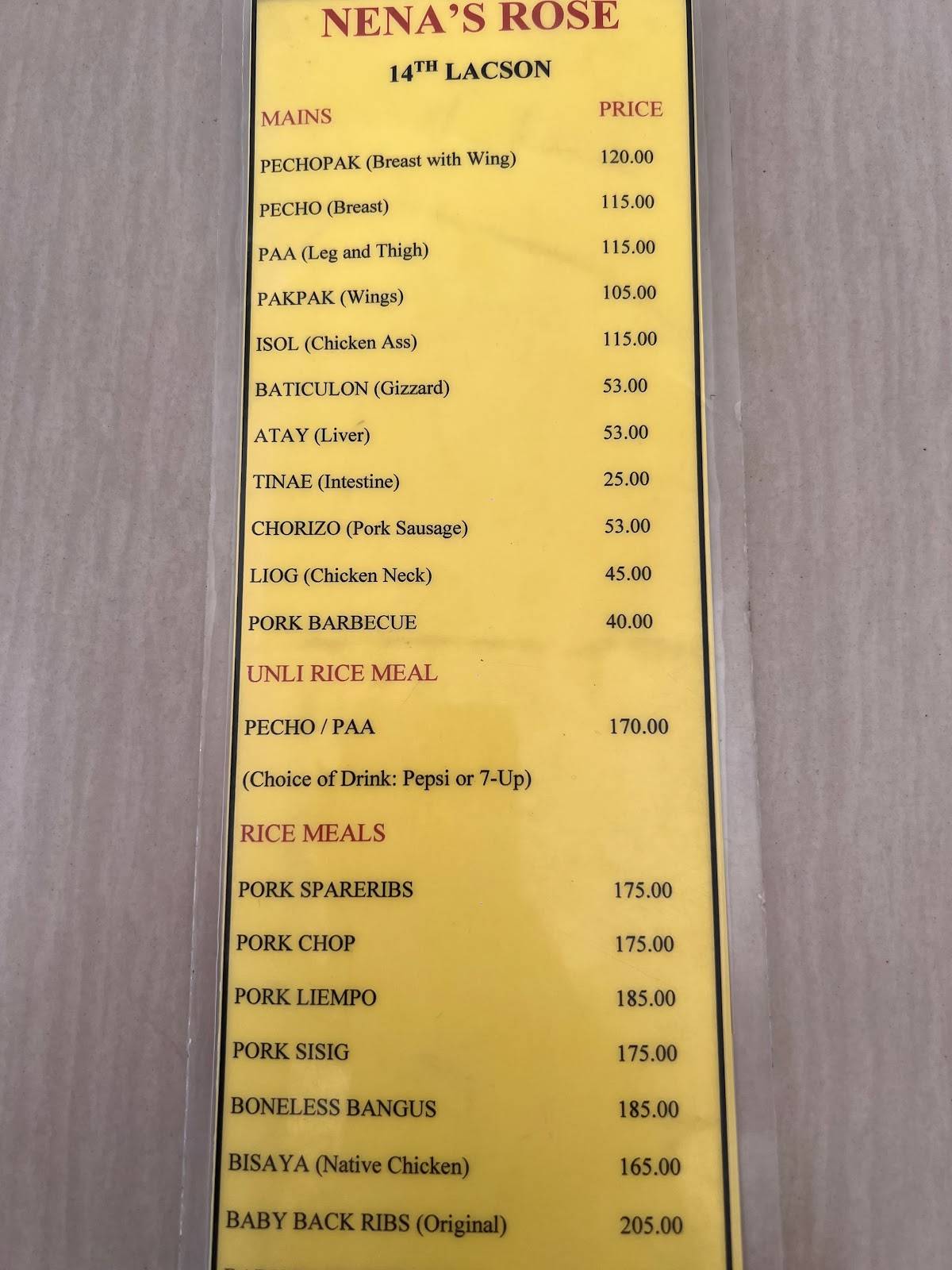 Menu at Nena's Rose restaurant, Bacolod, MXH3+QVW