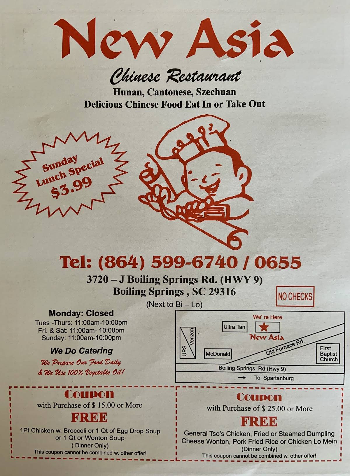 Menu at New Asia Chinese Restaurant, Boiling Springs