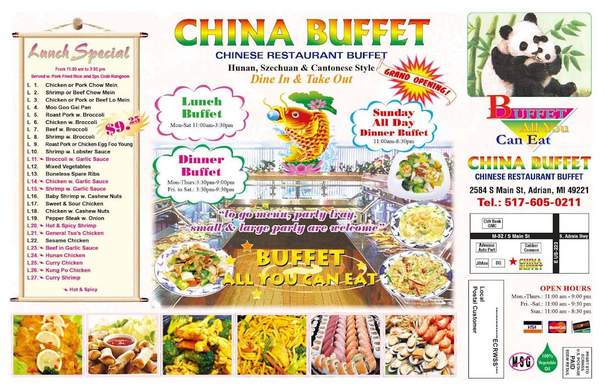Menu at New China Buffet restaurant, Adrian