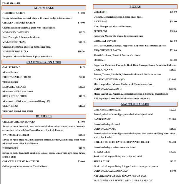 Menu at New Cornwall Hotel Restaurant, Narrogin