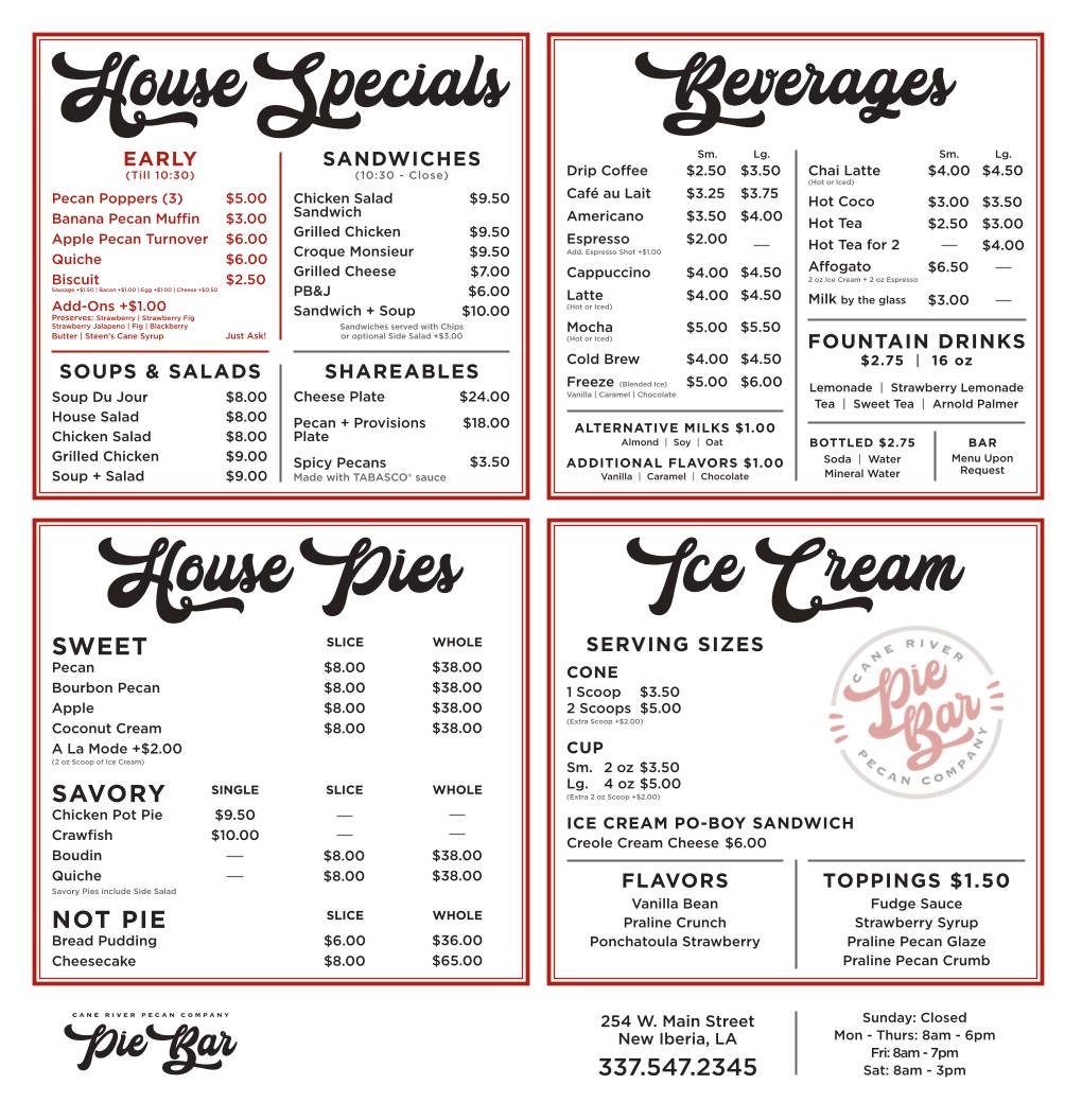 Menu at Cane River Pecan Company Pie Bar, New Iberia