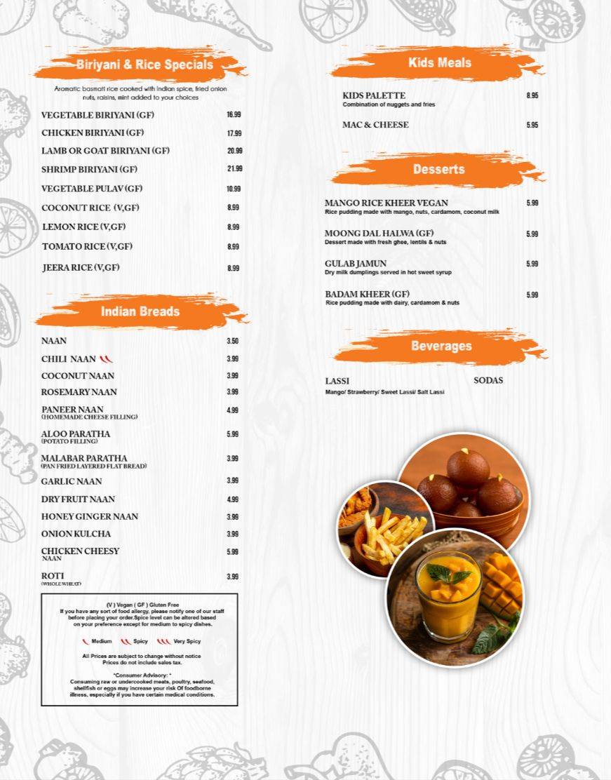Menu at The Spice Palette Indian Cuisine restaurant, New London