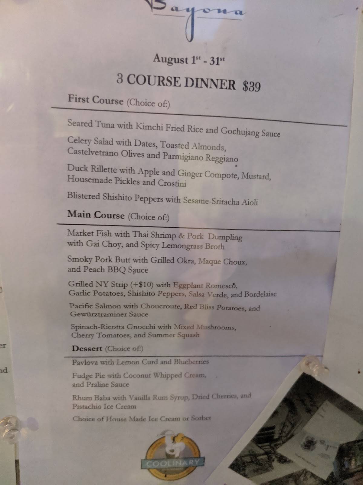 Menu at Bayona pub & bar, New Orleans