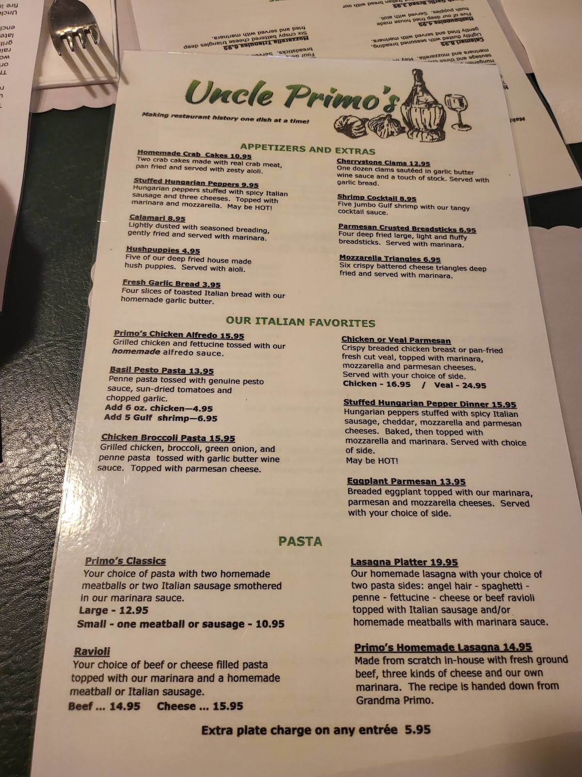 Menu at Uncle Primo's steakhouse, New Philadelphia