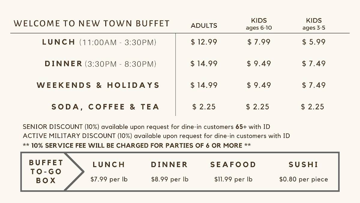 Menu at New Town Buffet restaurant, Tucson