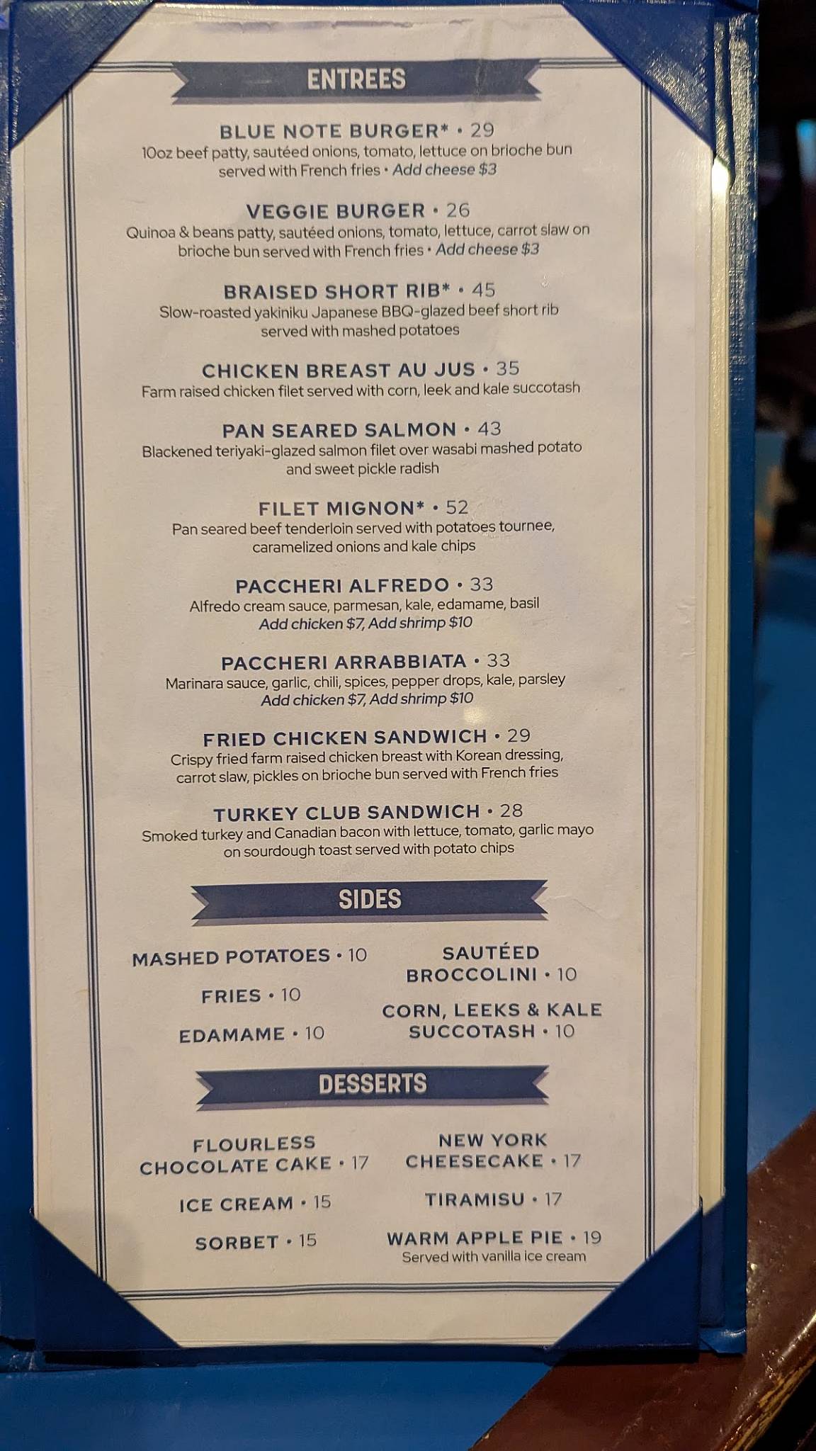 Menu at Blue Note pub & bar, New York City