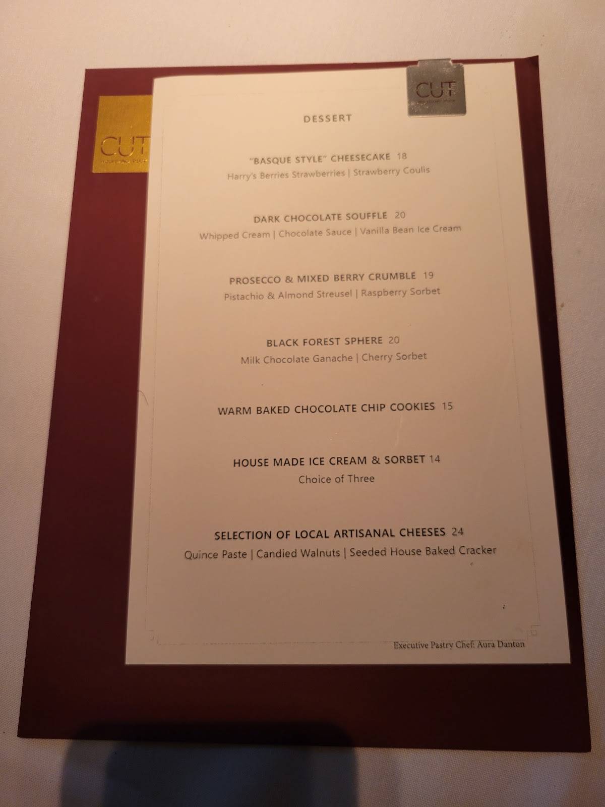 Menu at CUT by Wolfgang Puck steakhouse, New York City