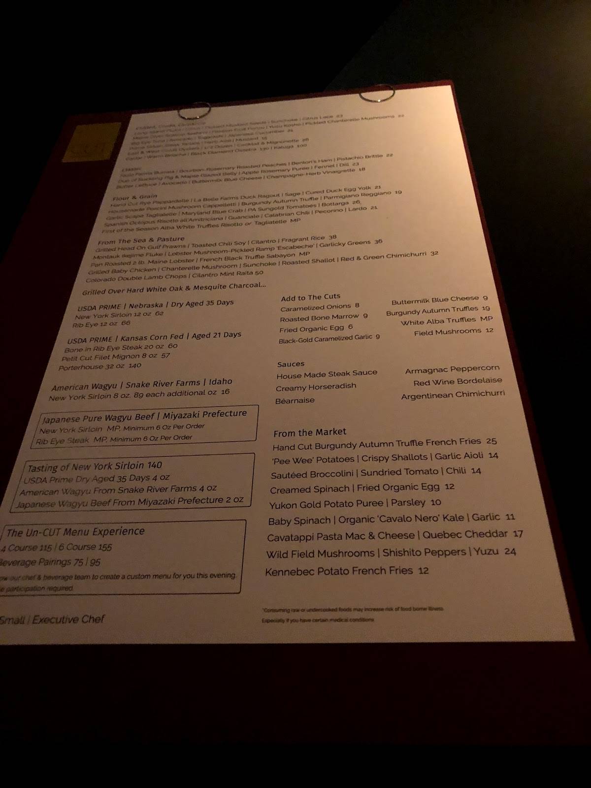 Menu at CUT by Wolfgang Puck steakhouse, New York City