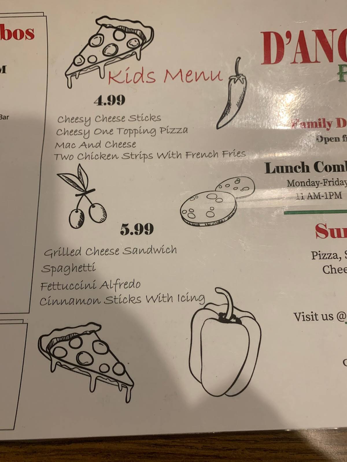 Menu at D'Angelo's pizzeria, Halstead