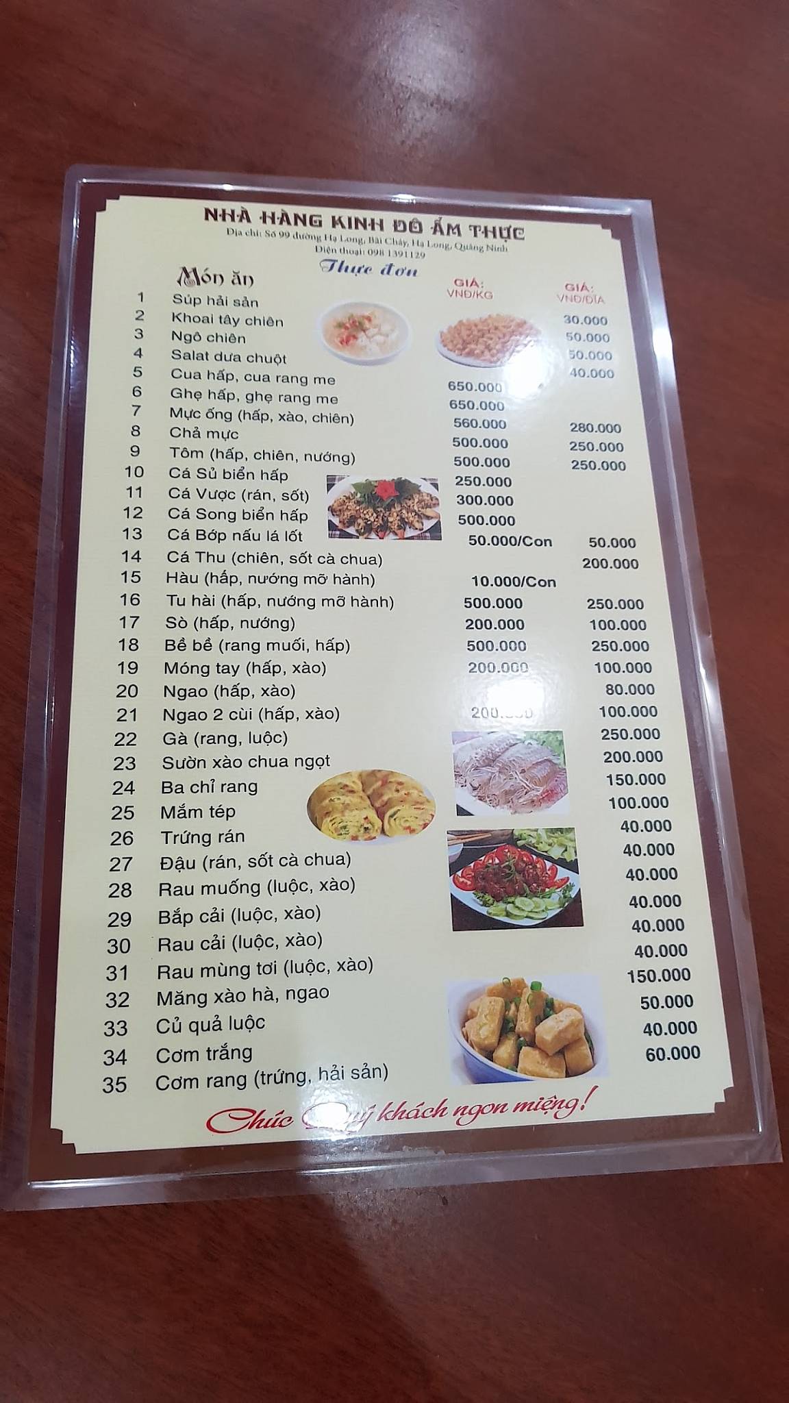 Menu at Nhà Hàng Kinh Đô restaurant, Ha Long