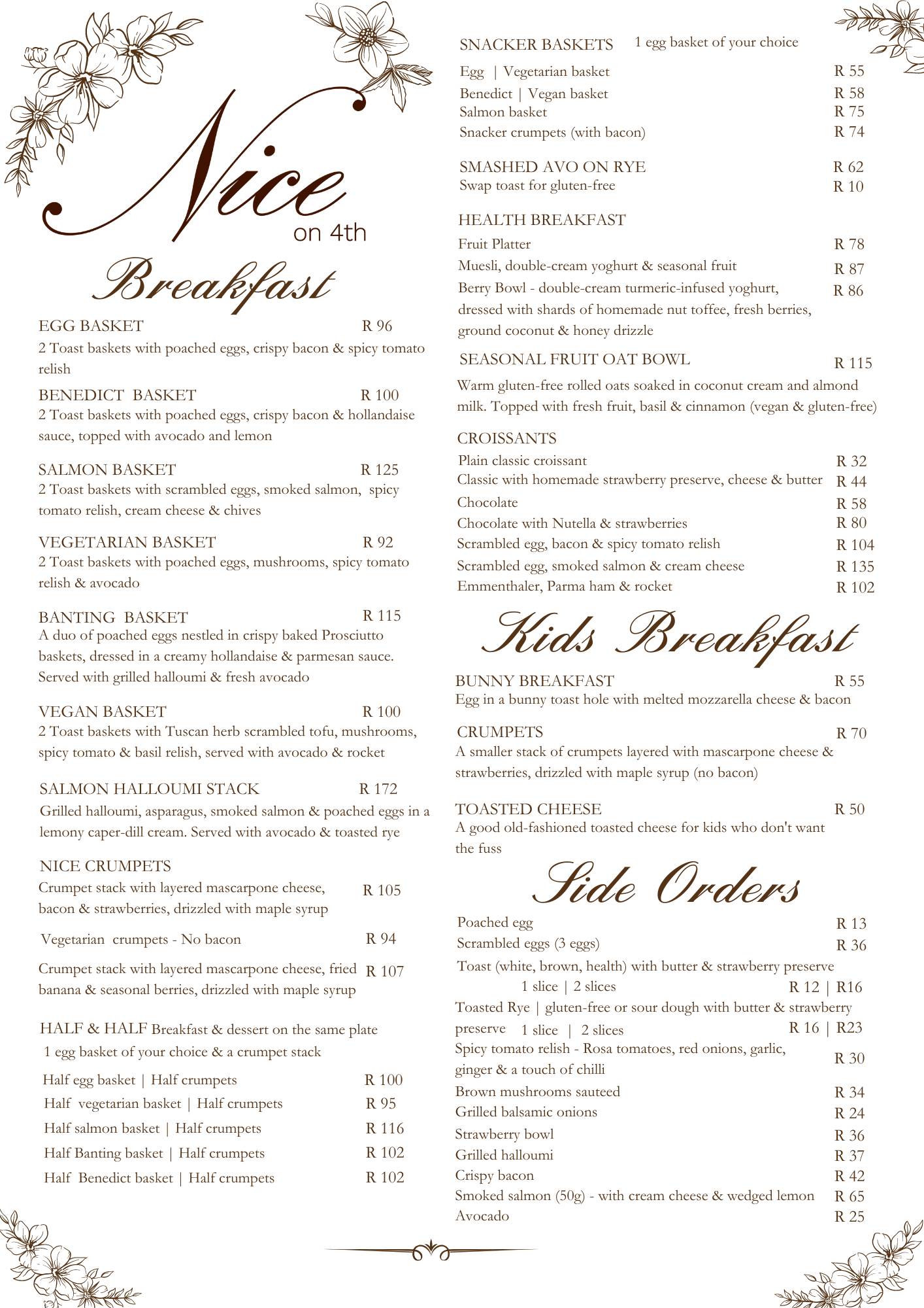 Menu at Nice on 4th restaurant, Johannesburg, 37 4th Ave