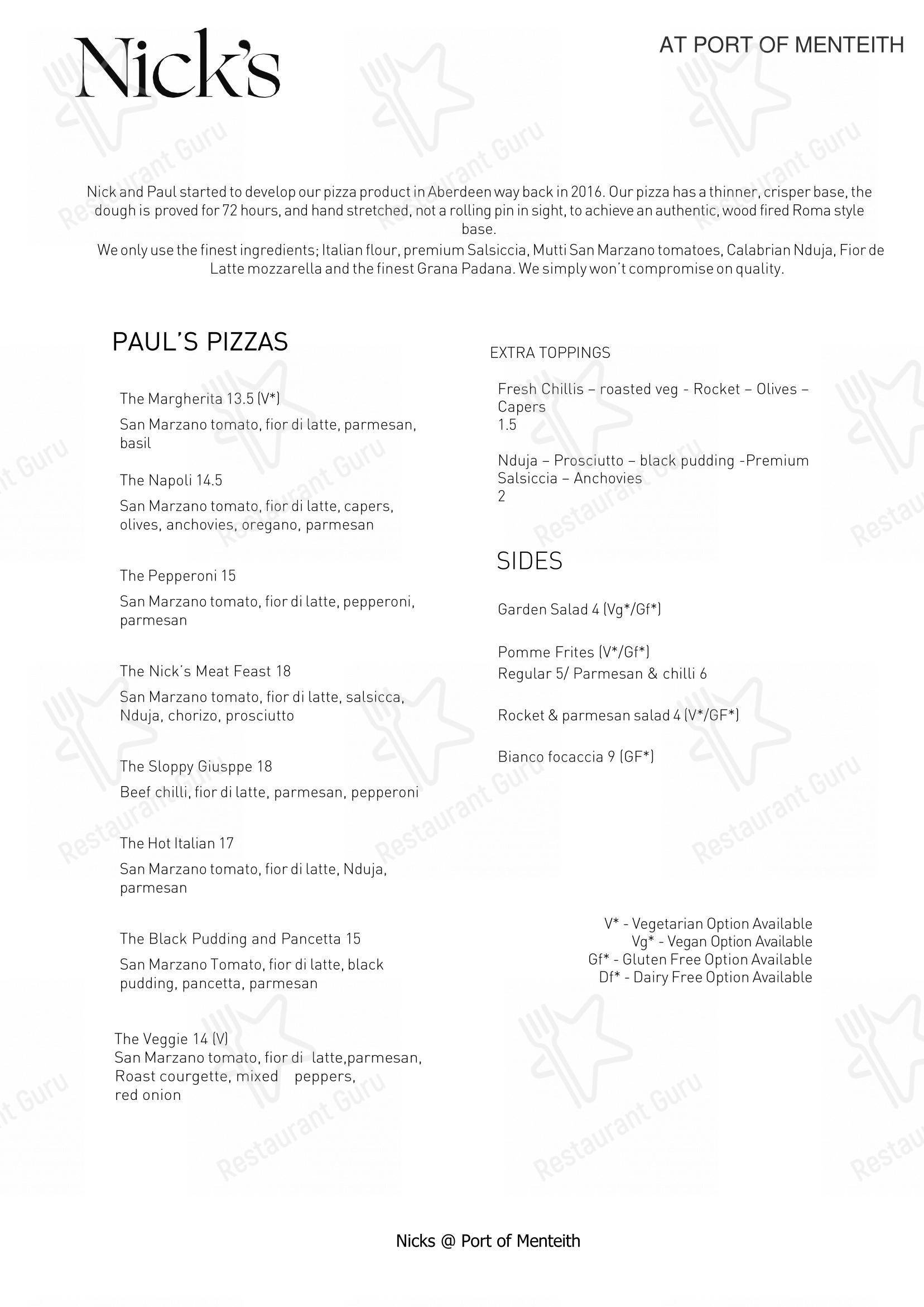 Menu at Nick's restaurant, Stirling