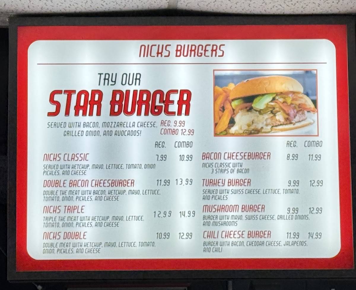 Menu at Nick’s Burger restaurant, Durant