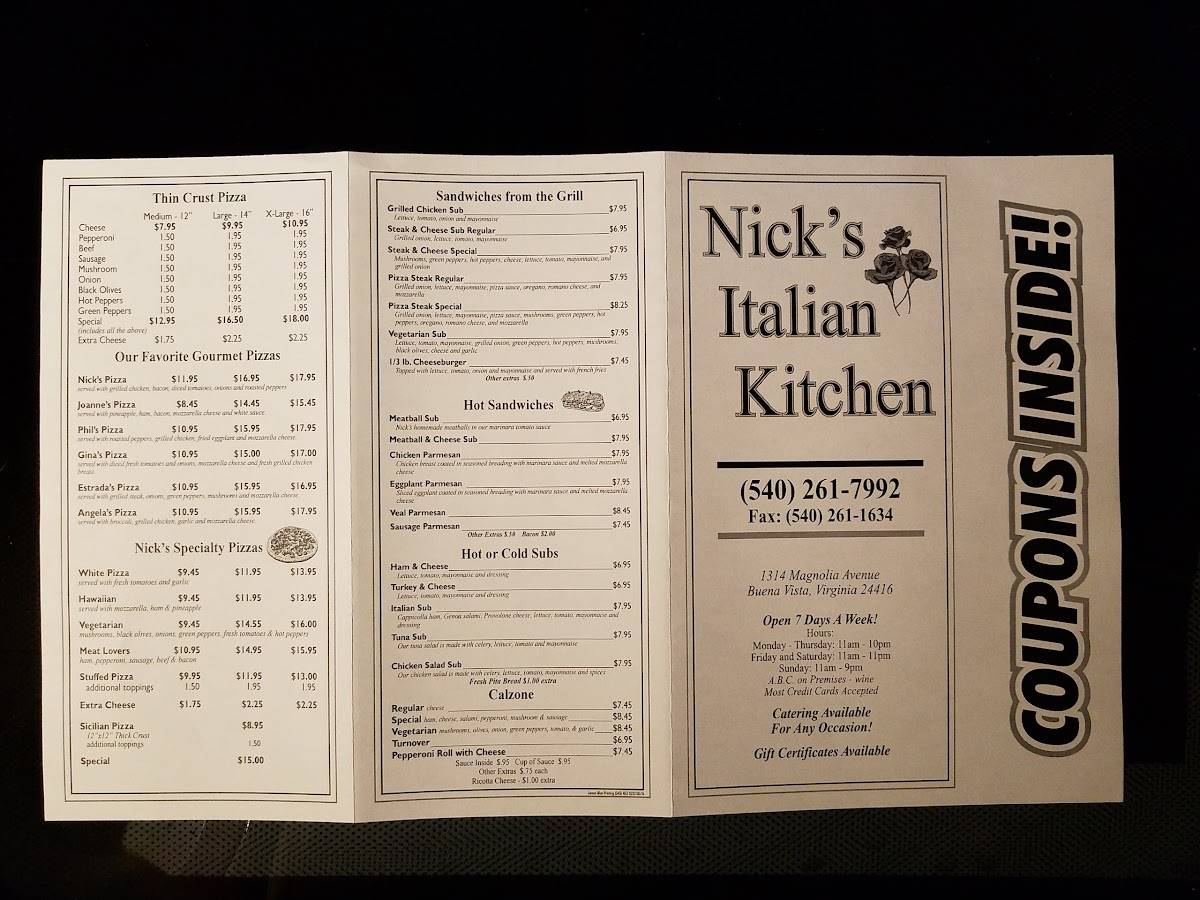 Menu at Nick's Italian Kitchen pizzeria, Buena Vista