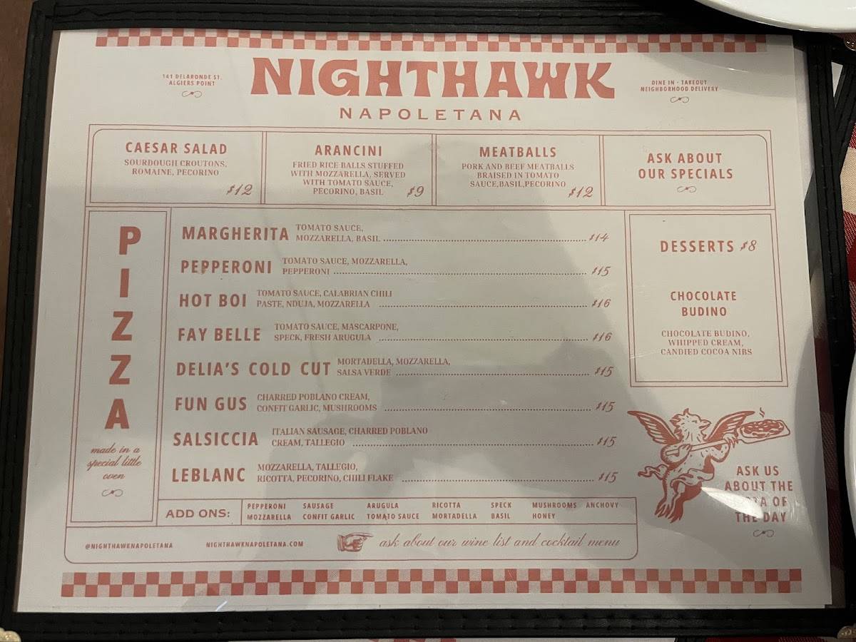 Menu at Nighthawk Napoletana pizzeria, New Orleans