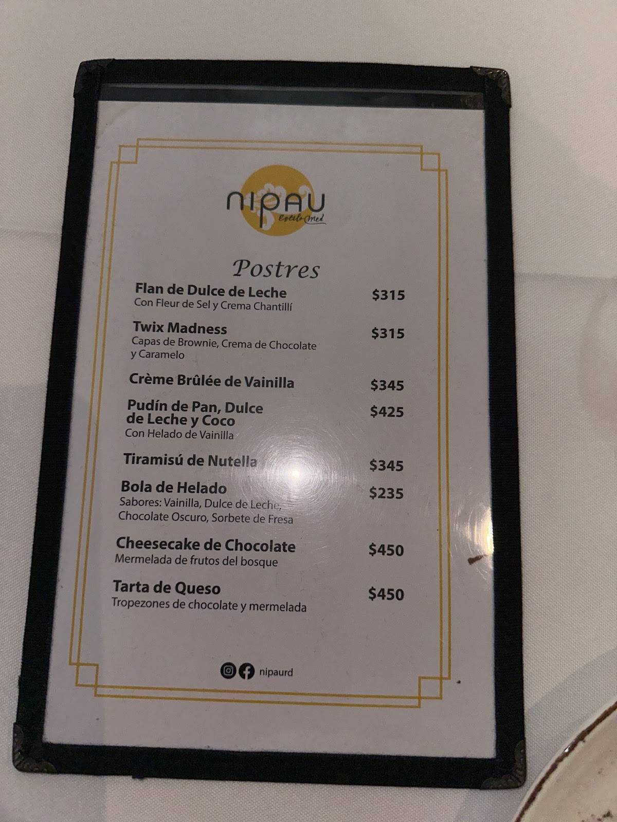 Menu at Nipau restaurant, Santo Domingo, C. Max Henriquez Ureña 20