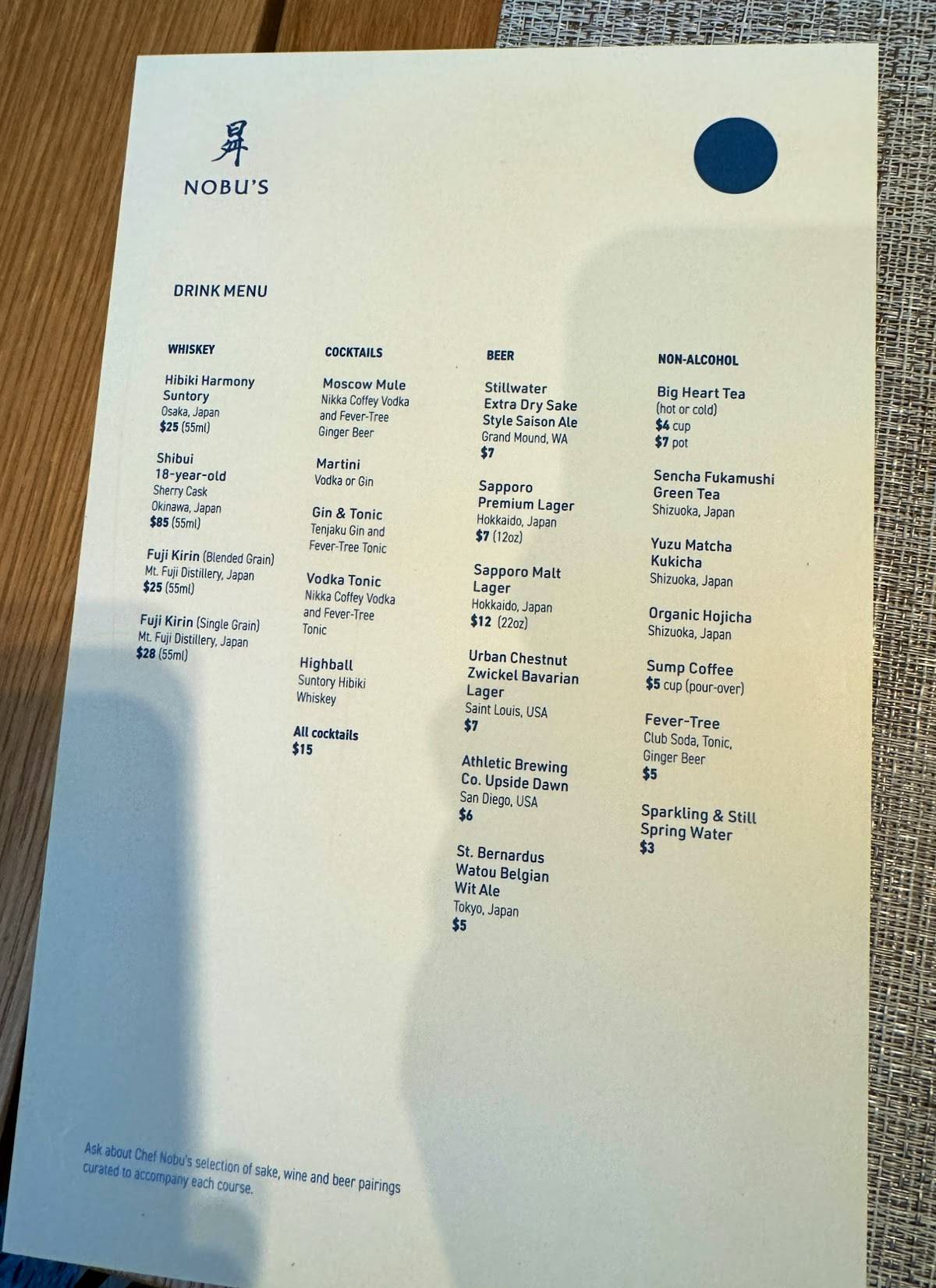 Carta del restaurante Nobu's, San Luis, Delmar Blvd