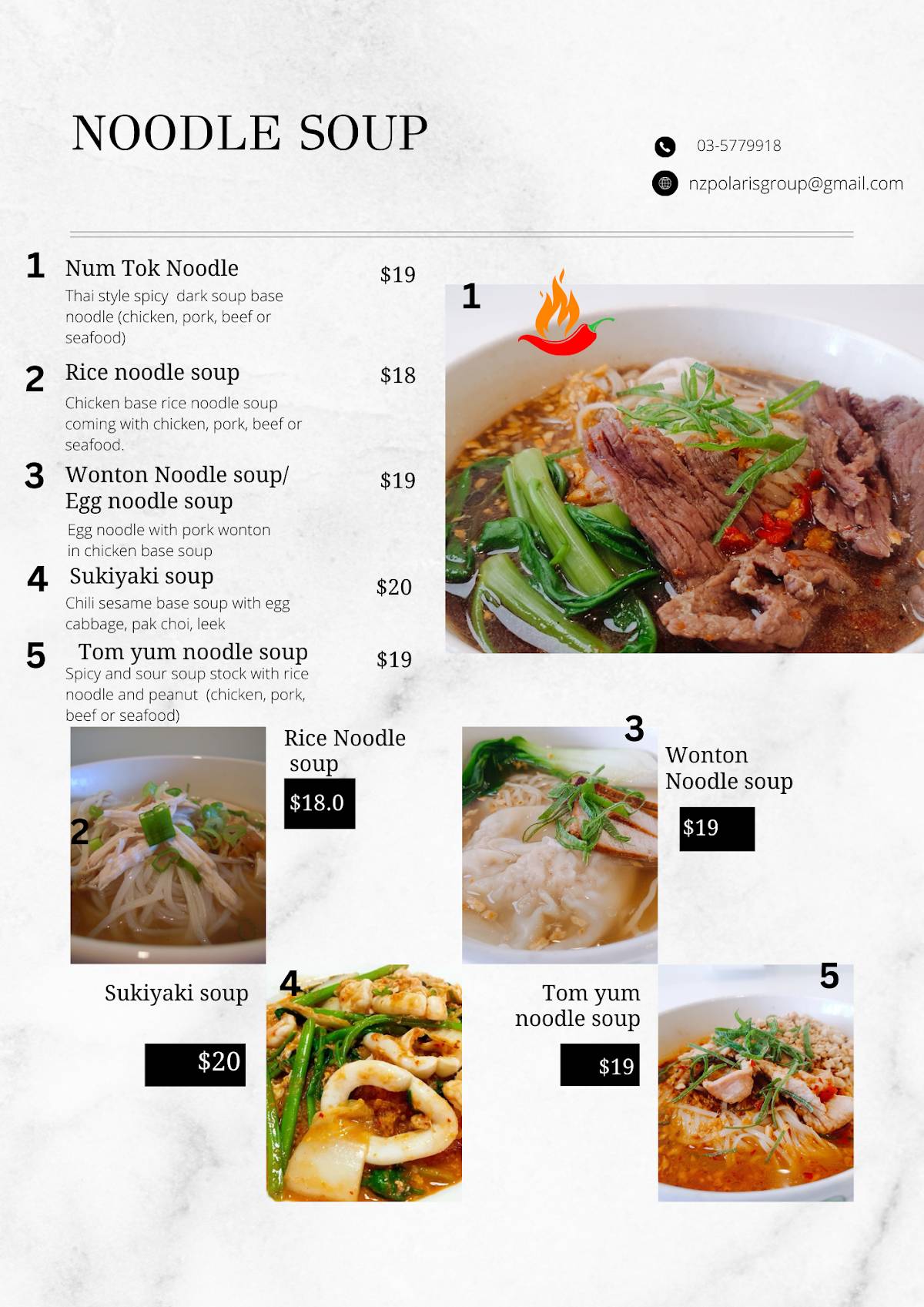 Menu at Noodle Corner restaurant, Blenheim