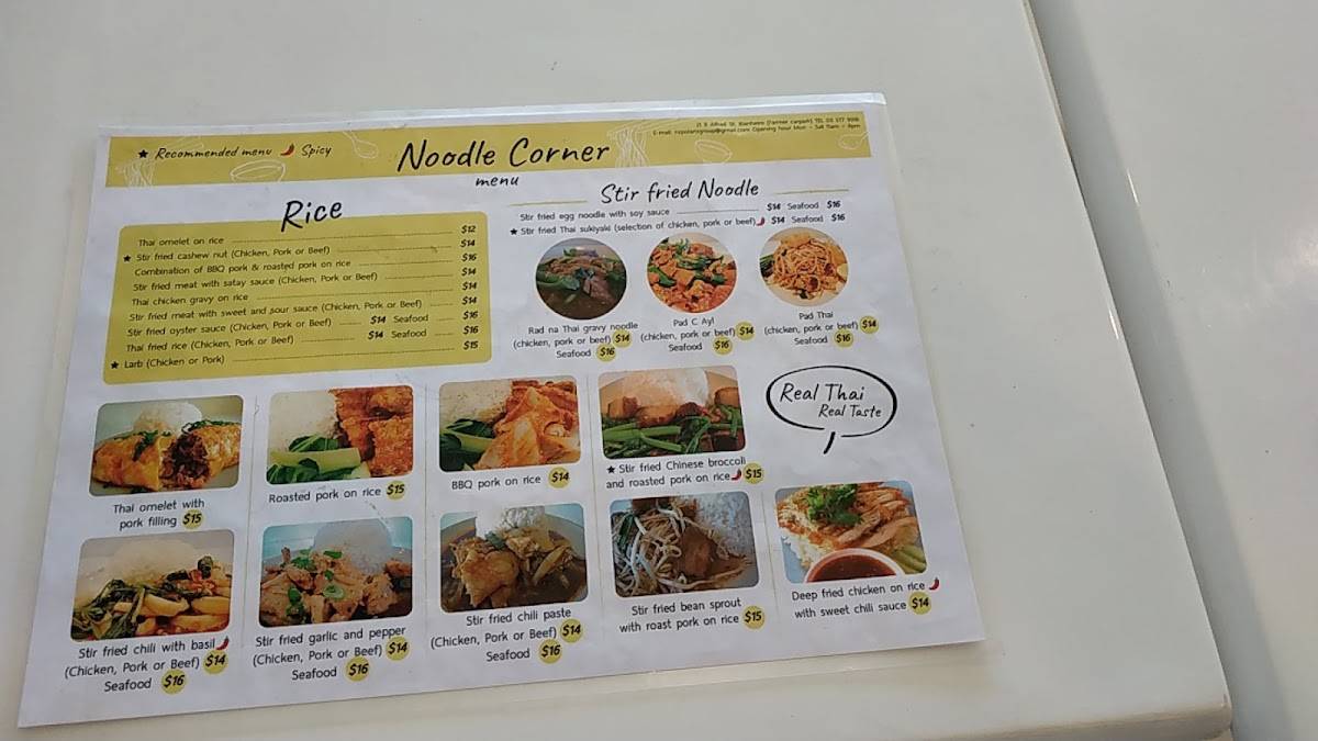 Menu at Noodle Corner restaurant, Blenheim