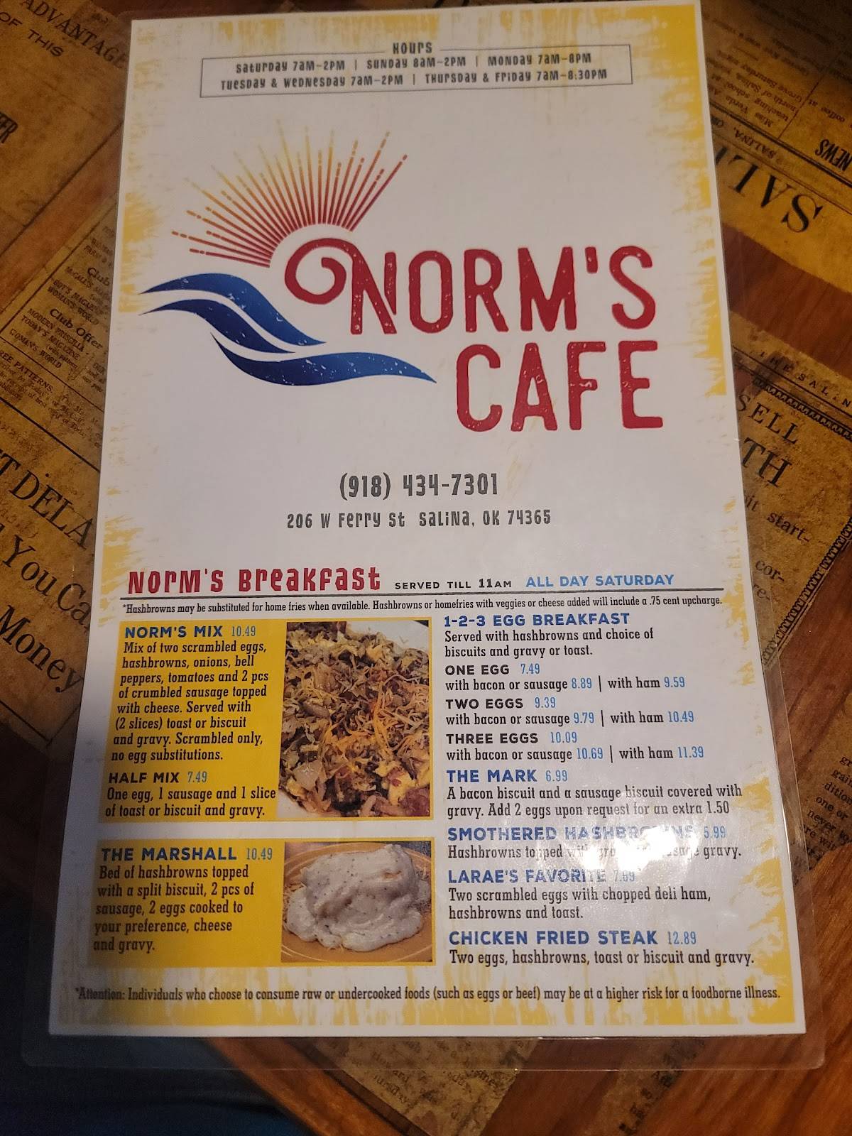 Menu at Norm’s Cafe, Salina