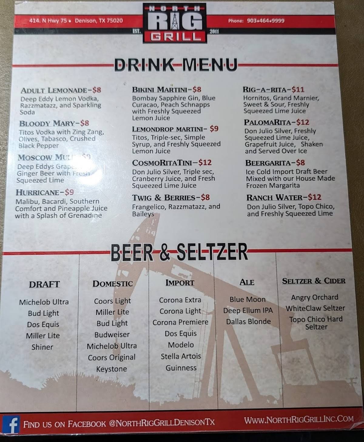 Menu at North Rig Grill pub & bar, Denison