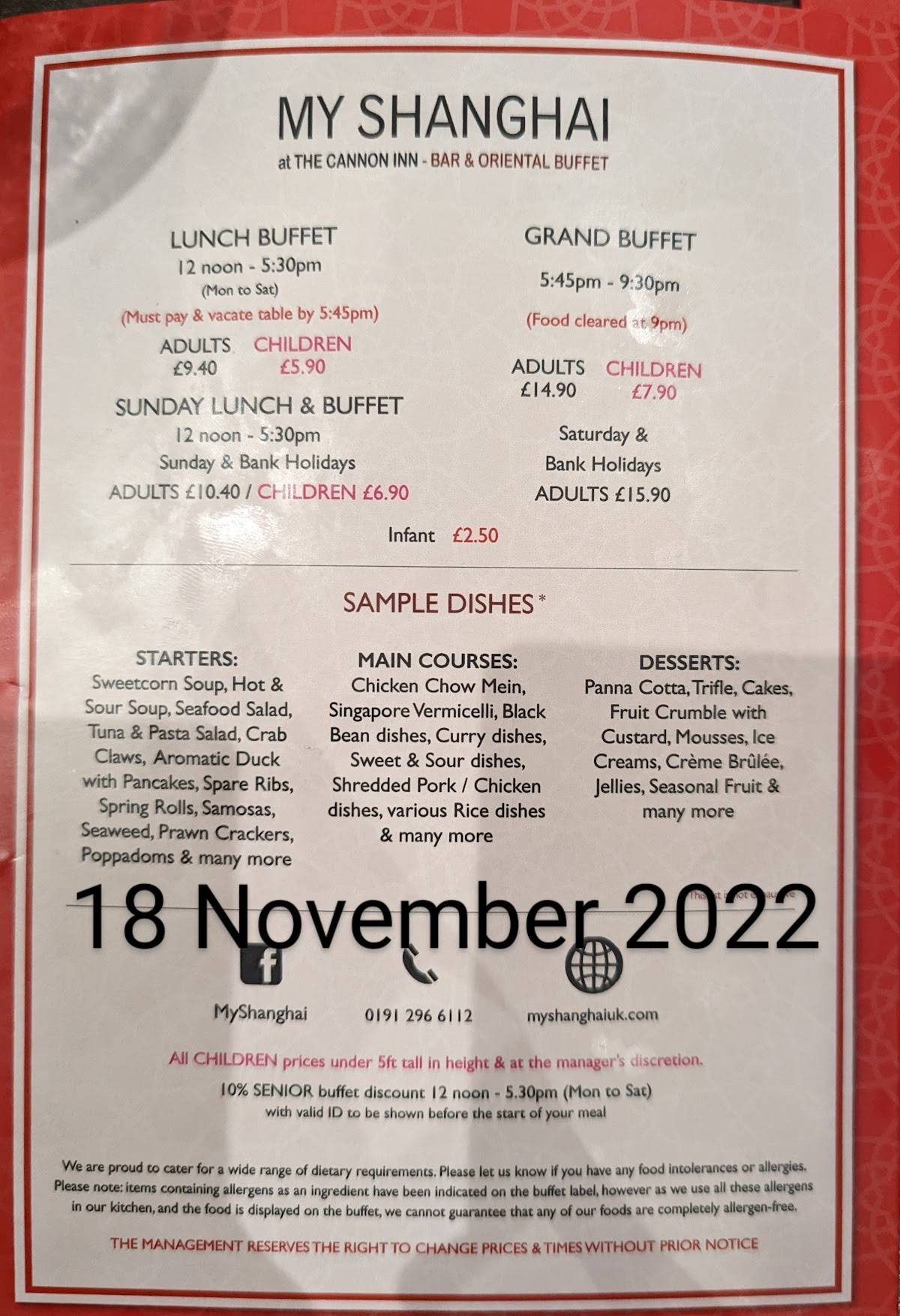 Menu at My Shanghai Bar & Oriental Buffet, North Shields, The Cannon Inn
