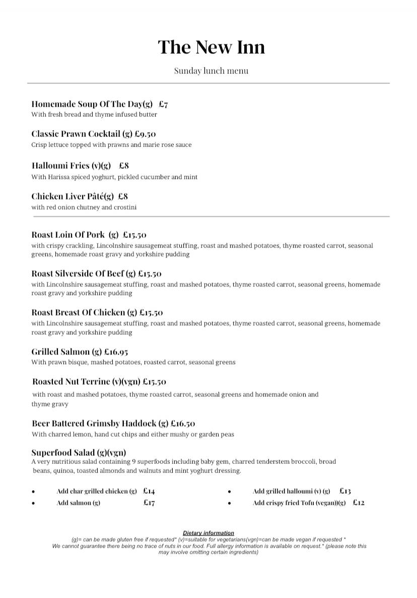 Menu at The New Inn pub & bar, North Thoresby, Station Rd