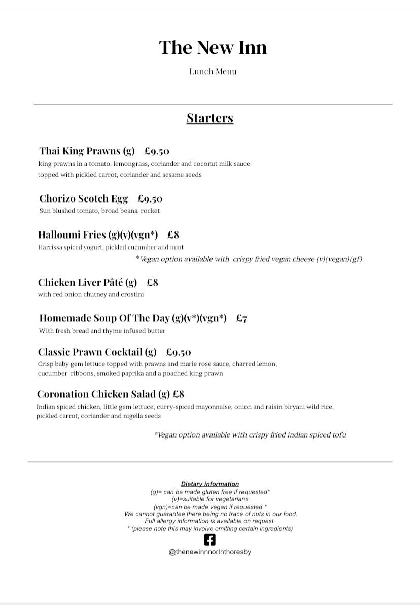 Menu at The New Inn pub & bar, North Thoresby, Station Rd
