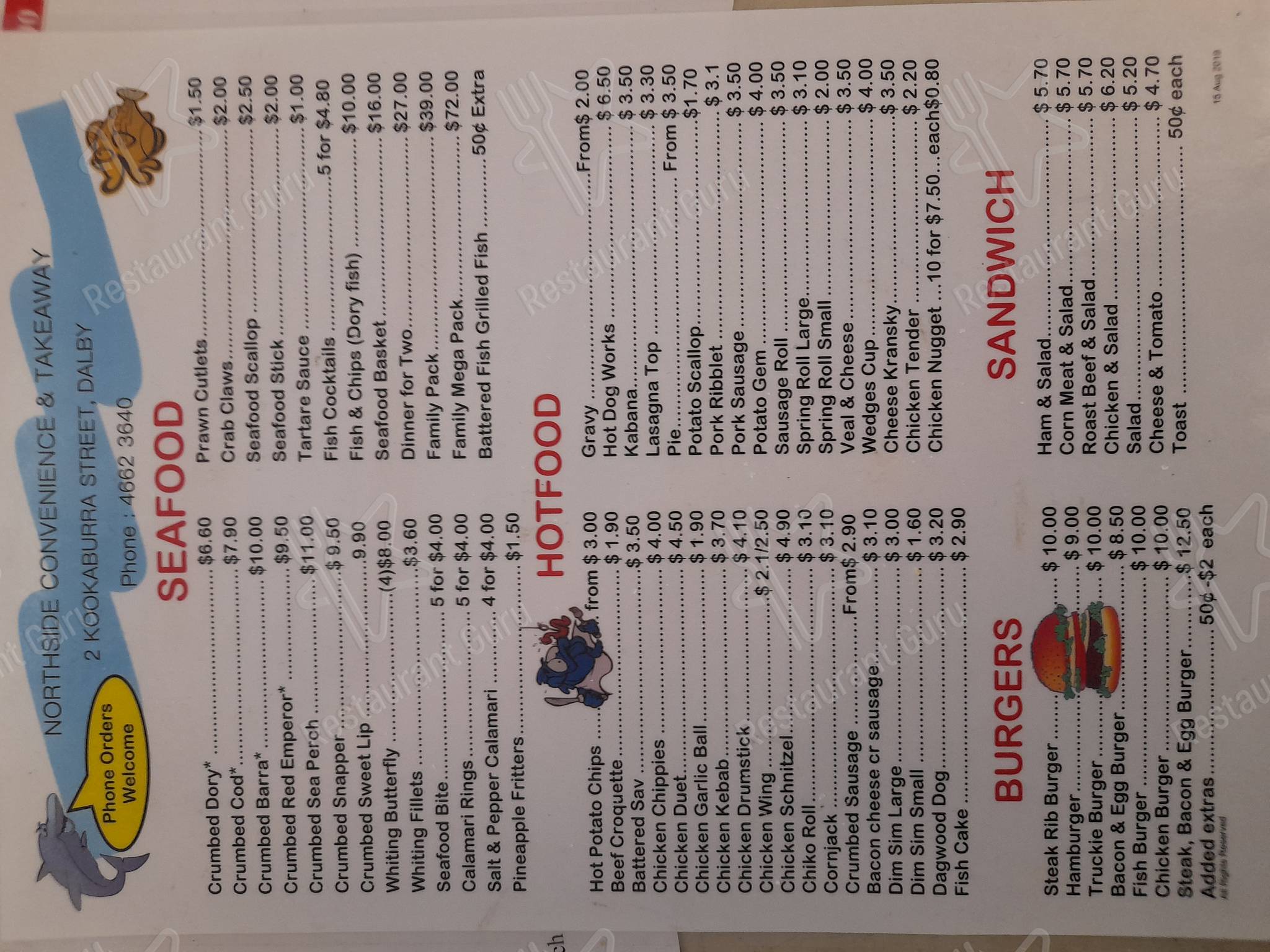 Menu at Northside Convenience & Takeaway fast food, Dalby
