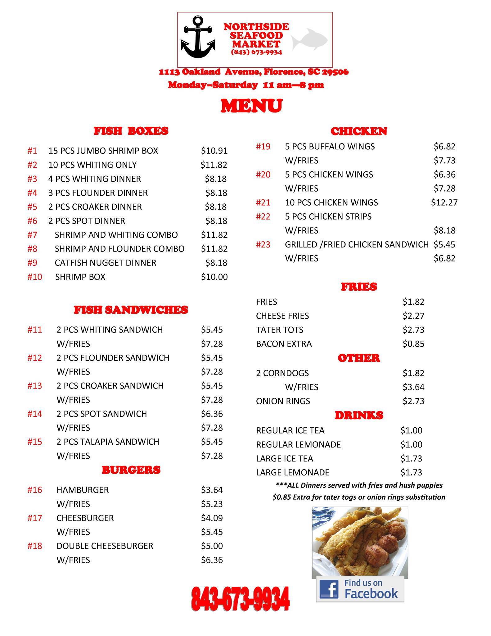 Menu at Northside seafood restaurant, Florence