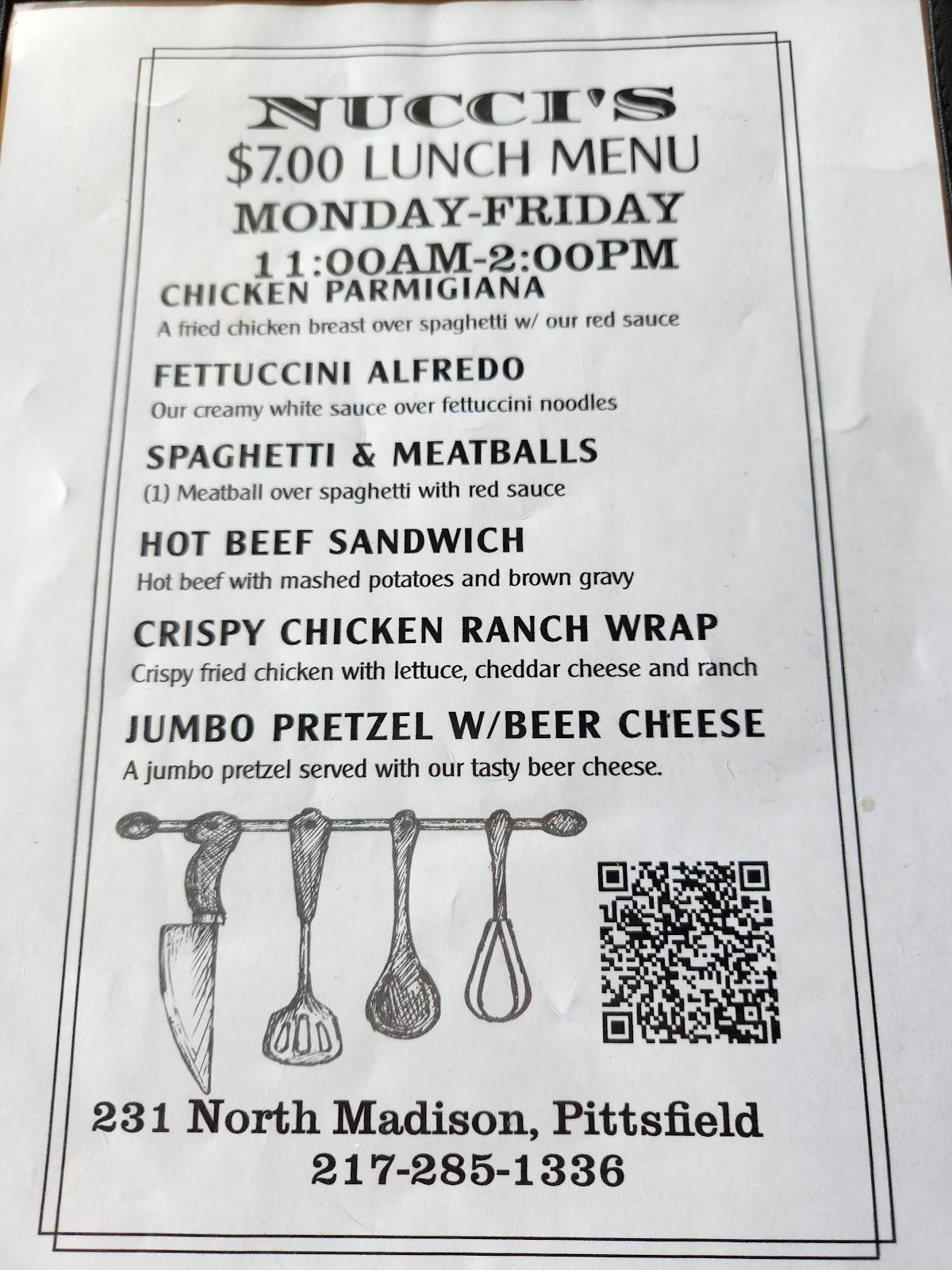 Menu at Nucci's Pasta House restaurant, Pittsfield