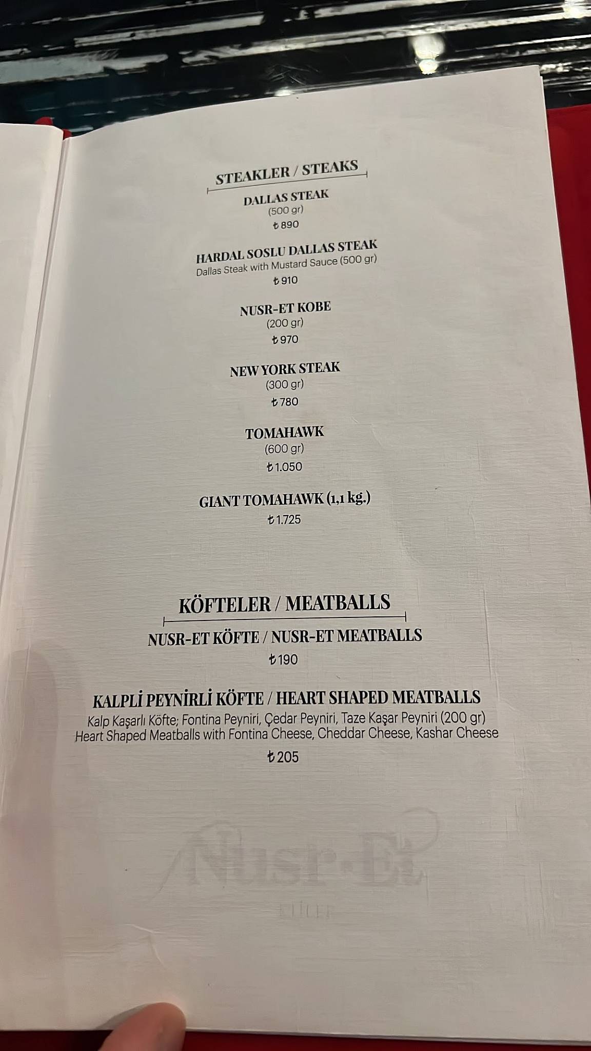Menu at Nusr-Et Steakhouse Etiler, Istanbul, Nisbetiye Cd No:87