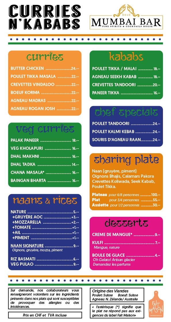 Menu au Mumbai Bar, Nyon